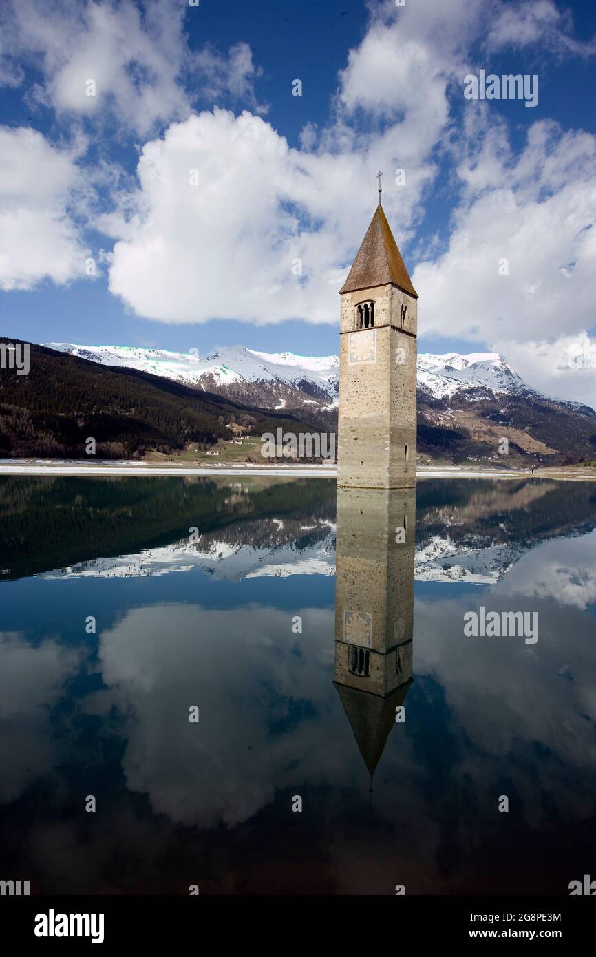 The bell tower in Reschensee, Lago di Resia, Lake Reschen, South Tyrol ...