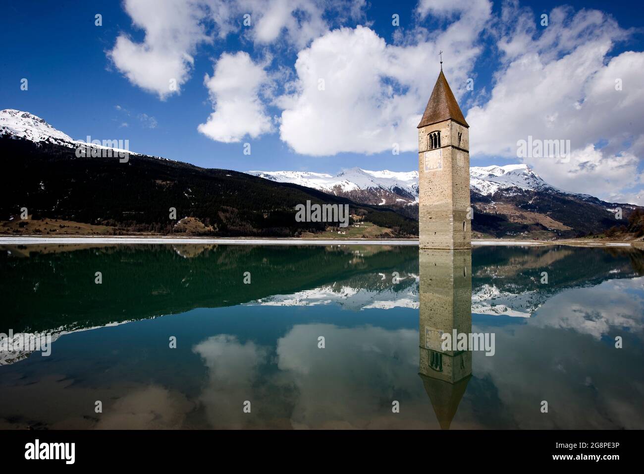 The bell tower in Reschensee, Lago di Resia, Lake Reschen, South Tyrol ...