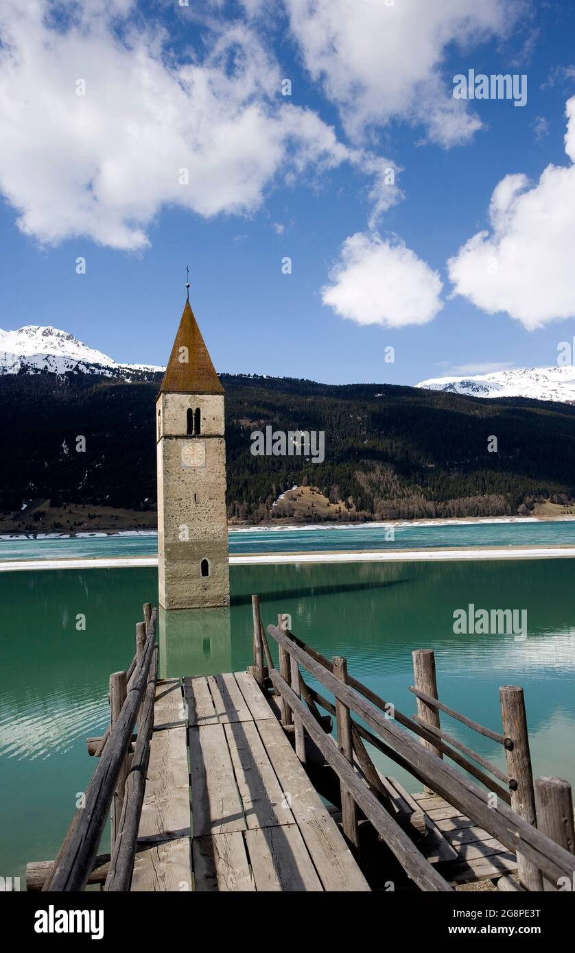 The bell tower in Reschensee, Lago di Resia, Lake Reschen, South Tyrol ...