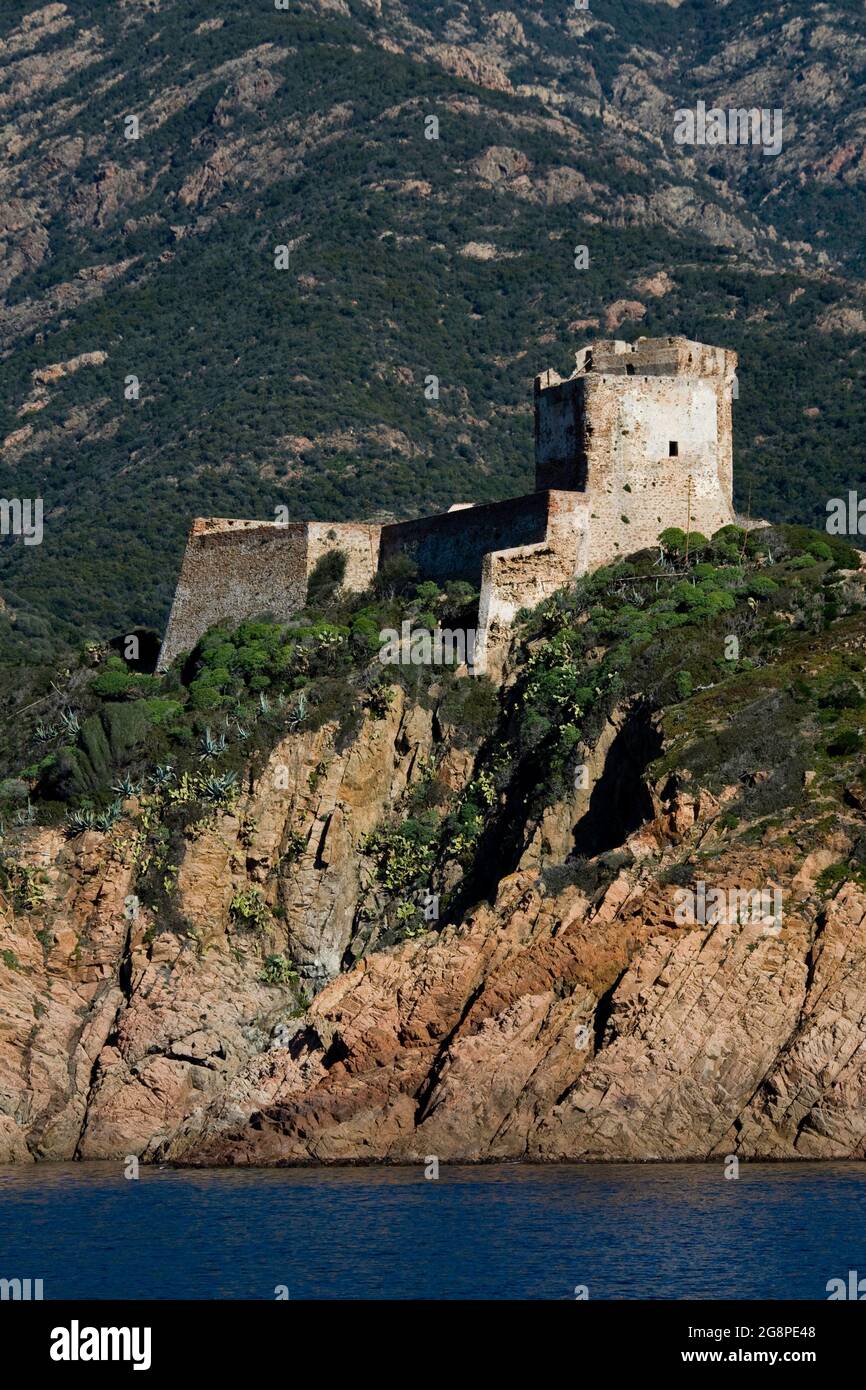 Square fortress built by the Genoese in 1530, Girolata, Corsica, France ...