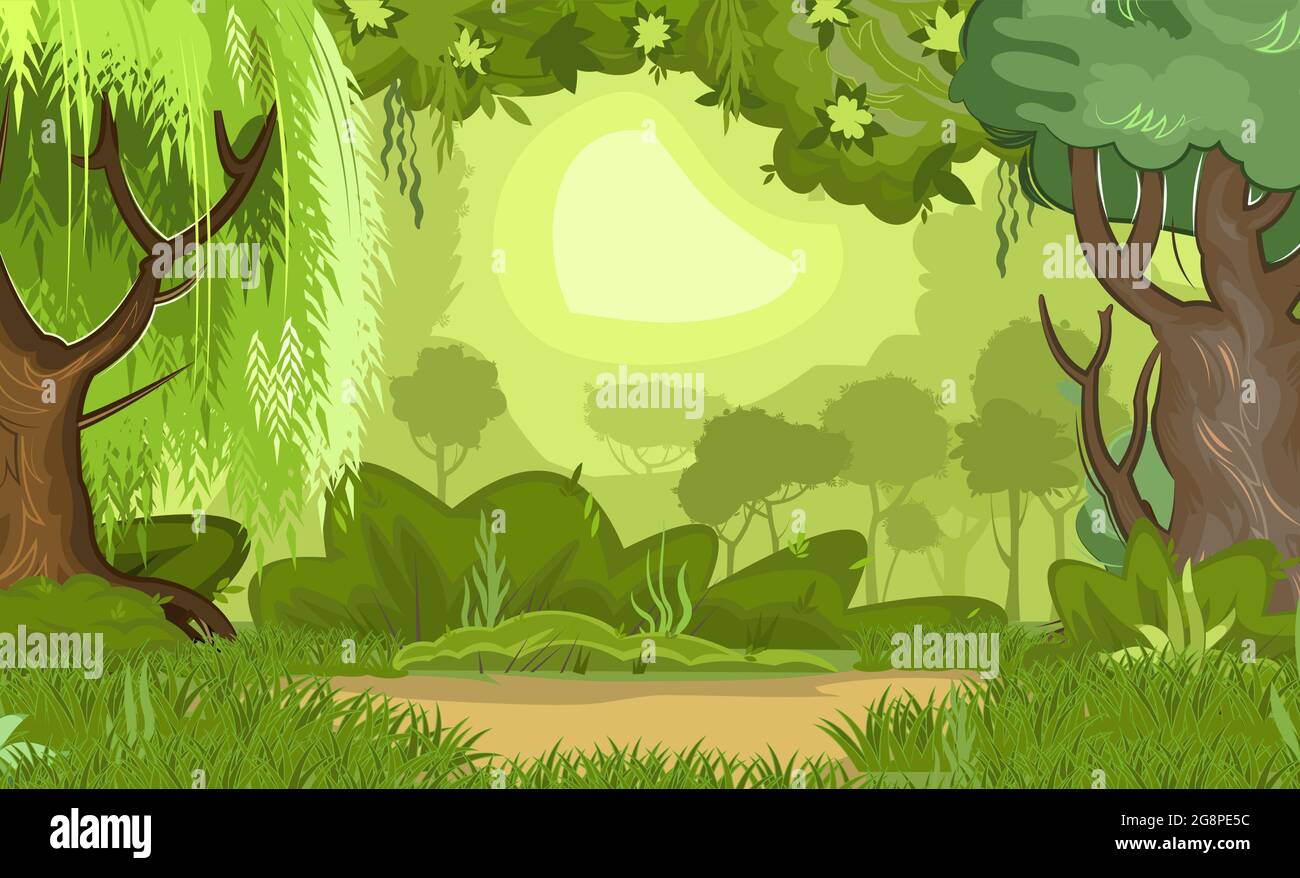 Summer forest landscape. Dense foliage, shrubs and a clearing at the ...