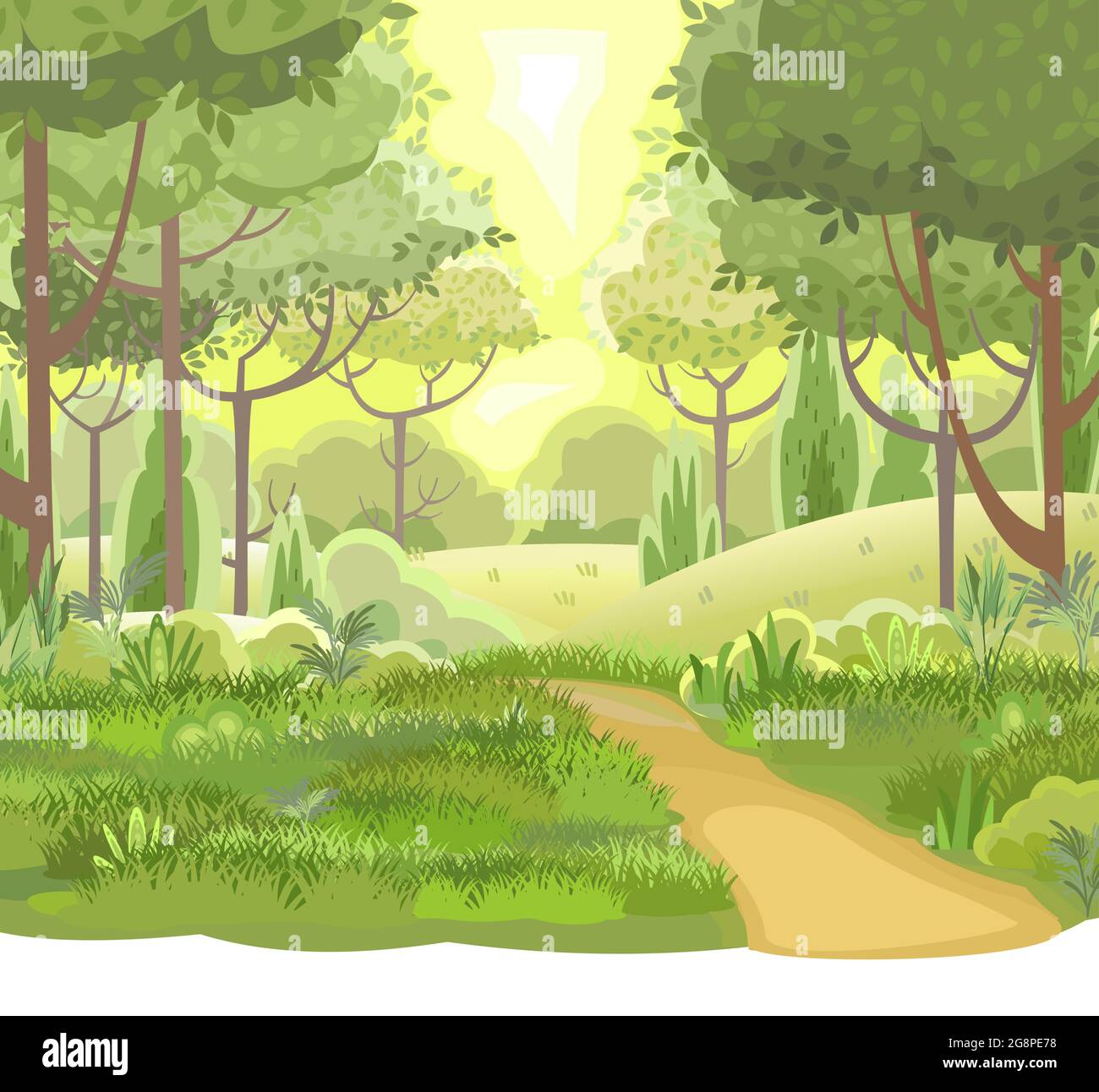 Road. Amusing beautiful forest landscape. Cartoon style. Foliage. The ...