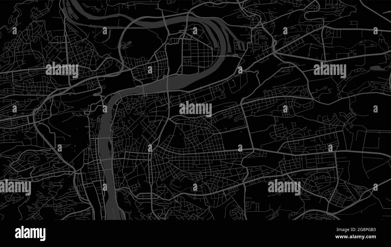 Dark black Prague City area vector background map, streets and water ...