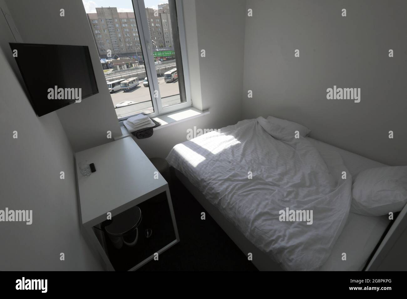 KYIV, UKRAINE - JULY 22, 2021 - A bed and a TV set are seen by the ...