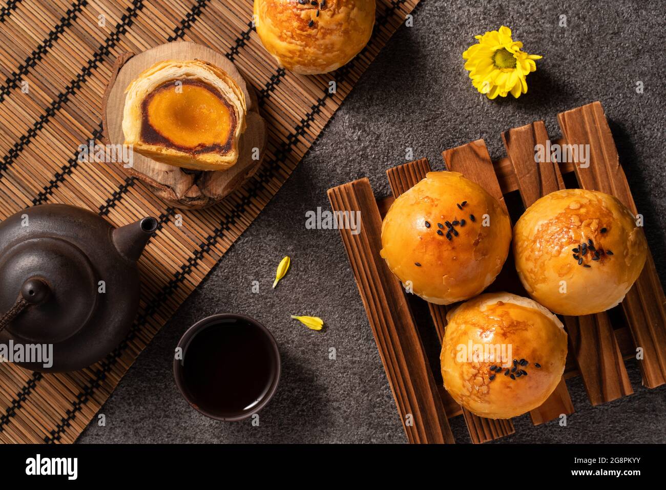 Top view of Moon cake yolk pastry, mooncake for Mid-Autumn Festival ...