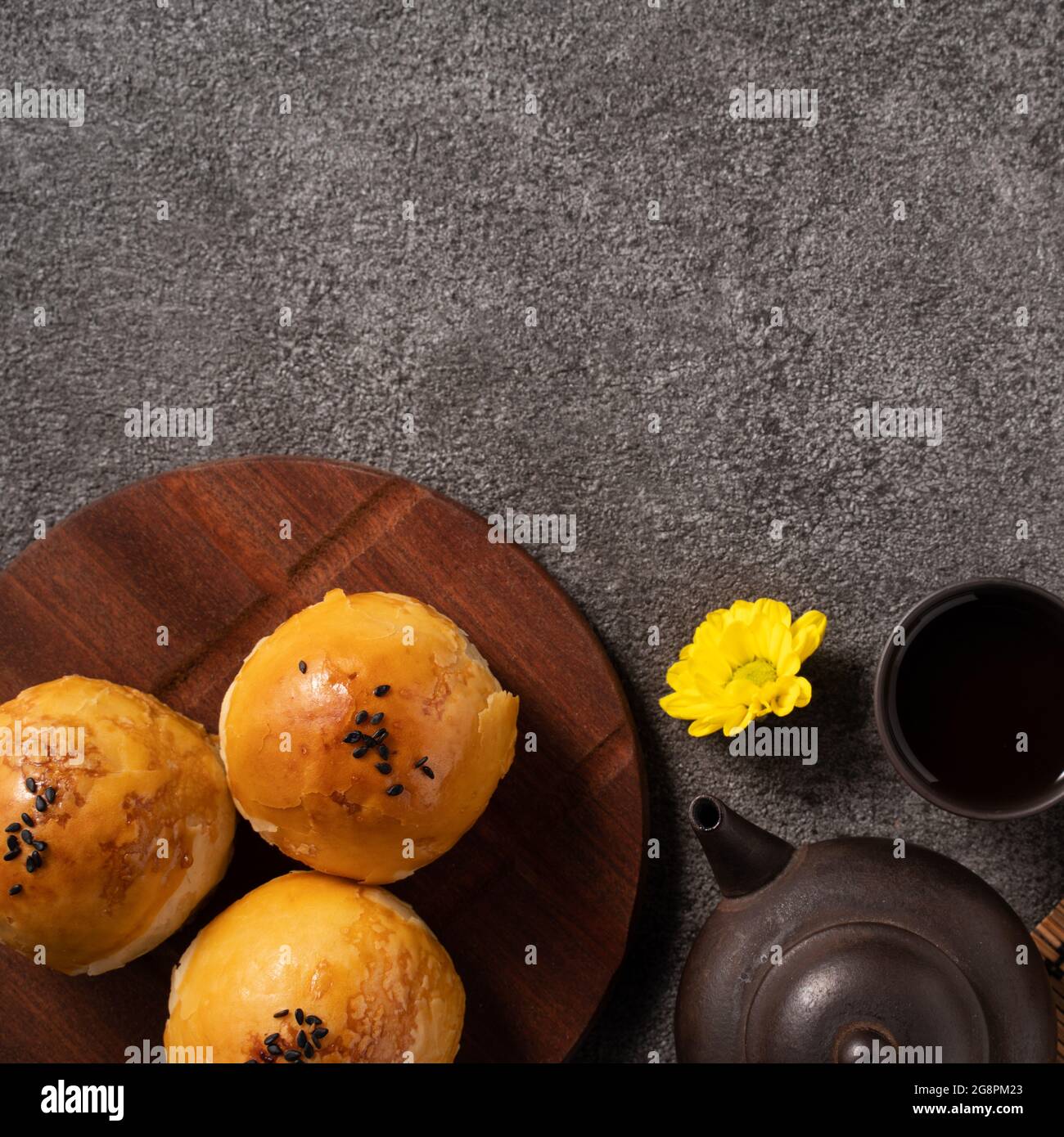 Top view of Moon cake yolk pastry, mooncake for Mid-Autumn Festival ...