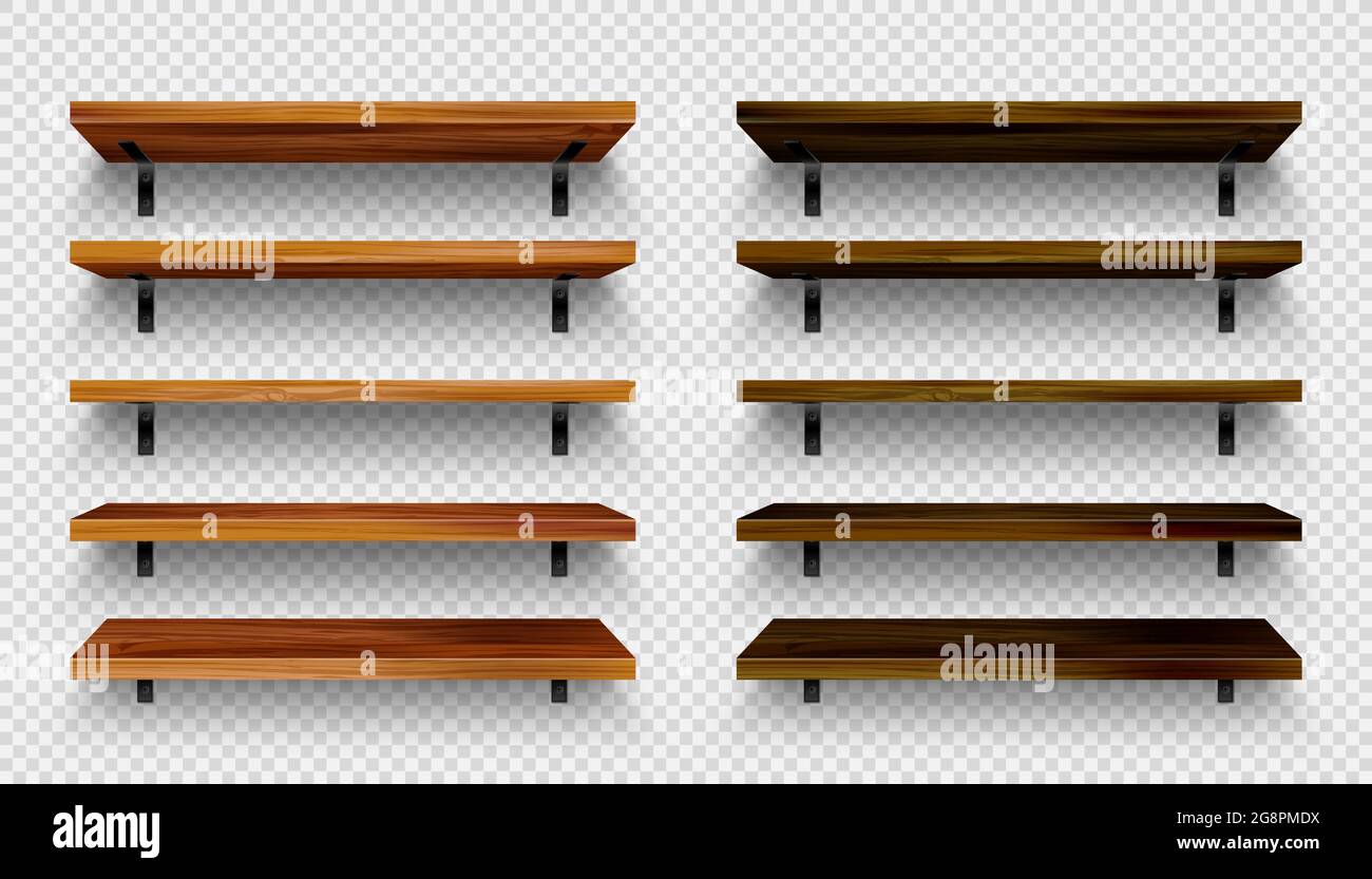Realistic empty wooden store shelves set. Product shelf with wood ...