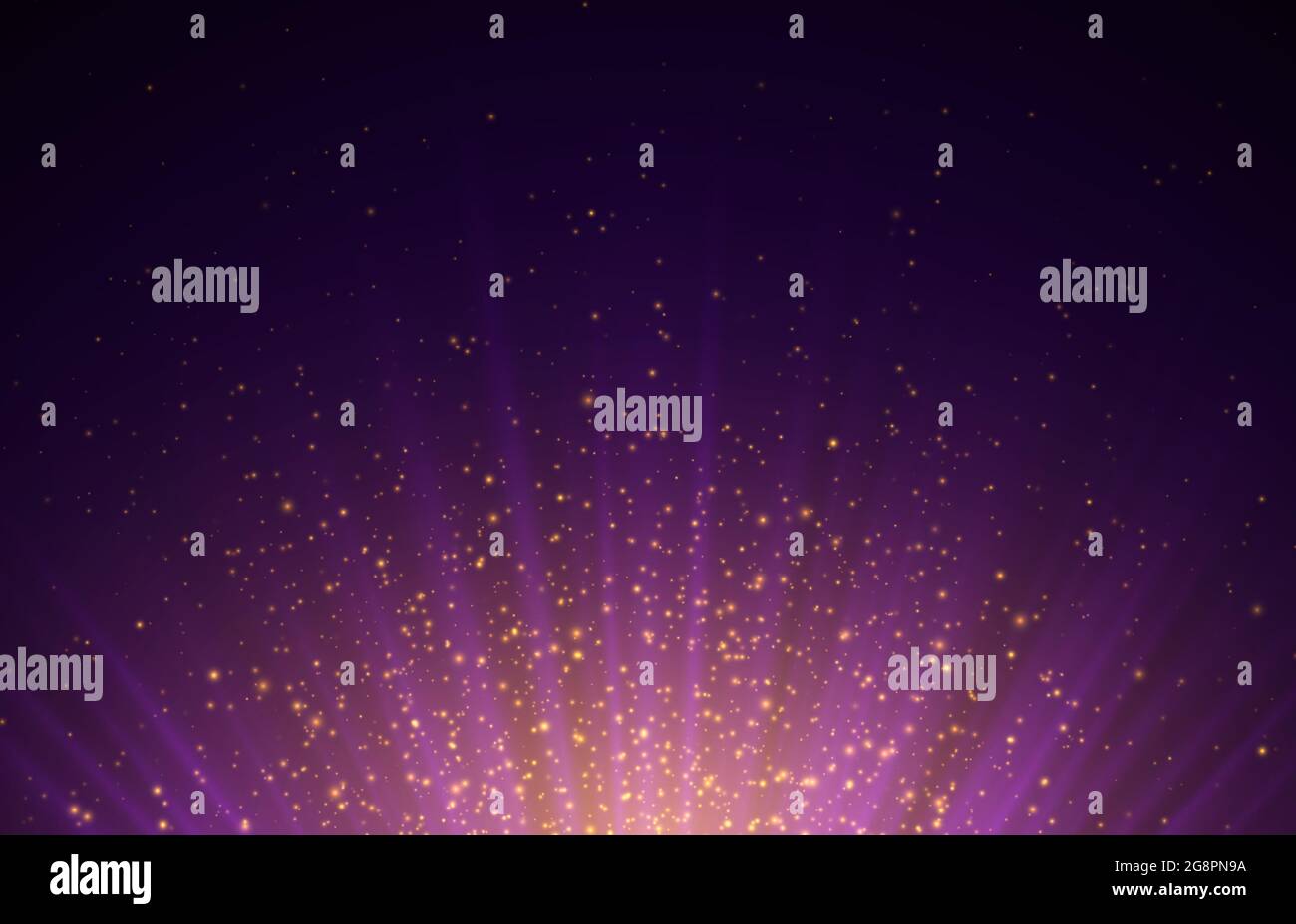 Violet background with purple rays and glowing yellow sparkles ...