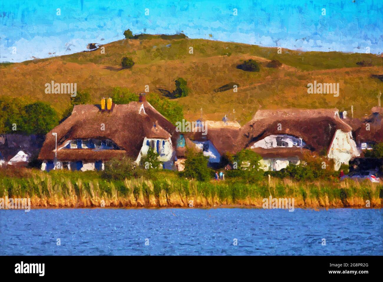 Painted reed houses from gage on island Ruegen. Landscape Stock Photo ...