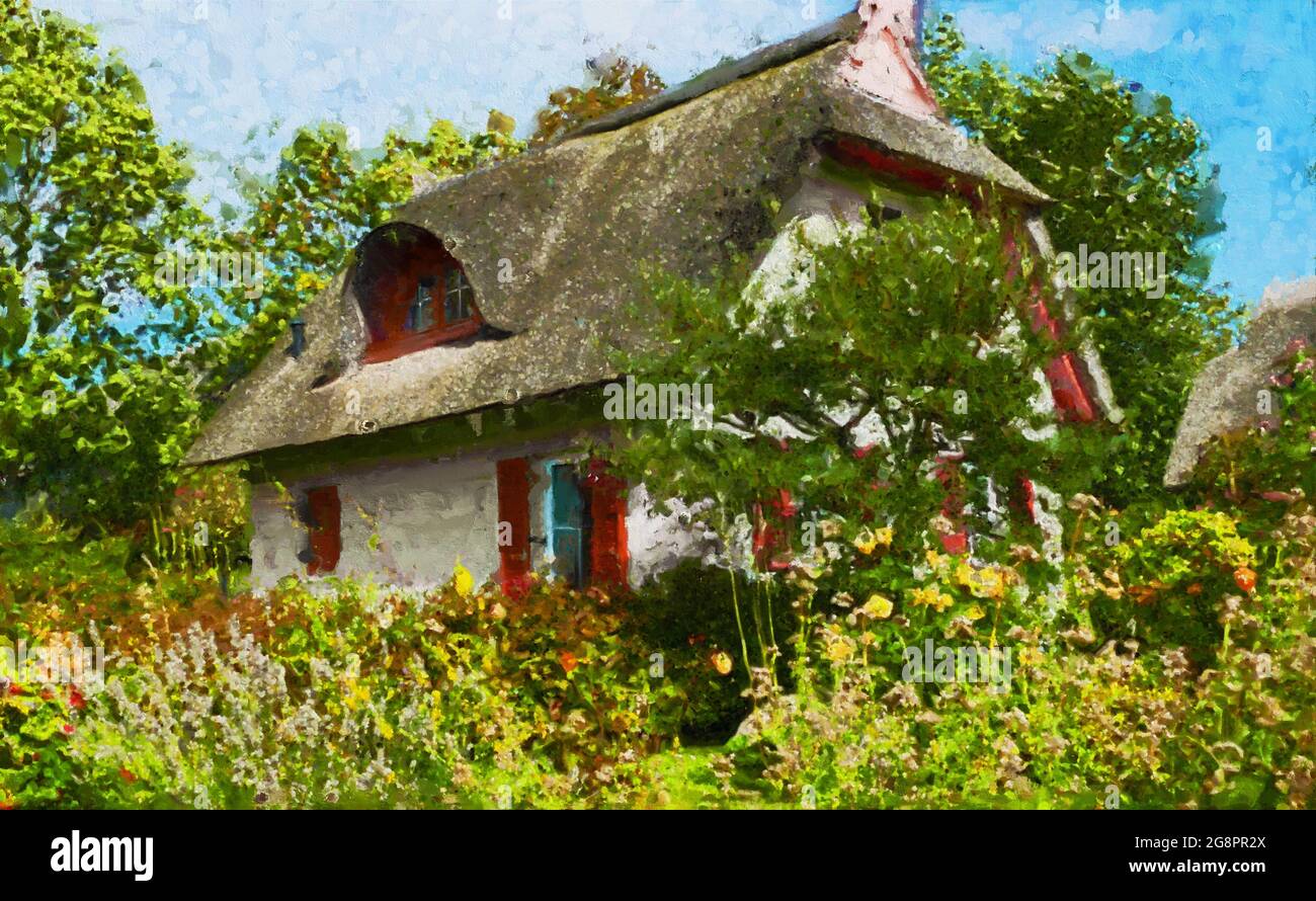 Painted traditional reed roof covered house with cottage garden on ...