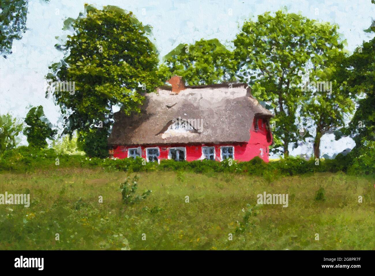 Painted traditional reed roof covered house with cottage garden on ...