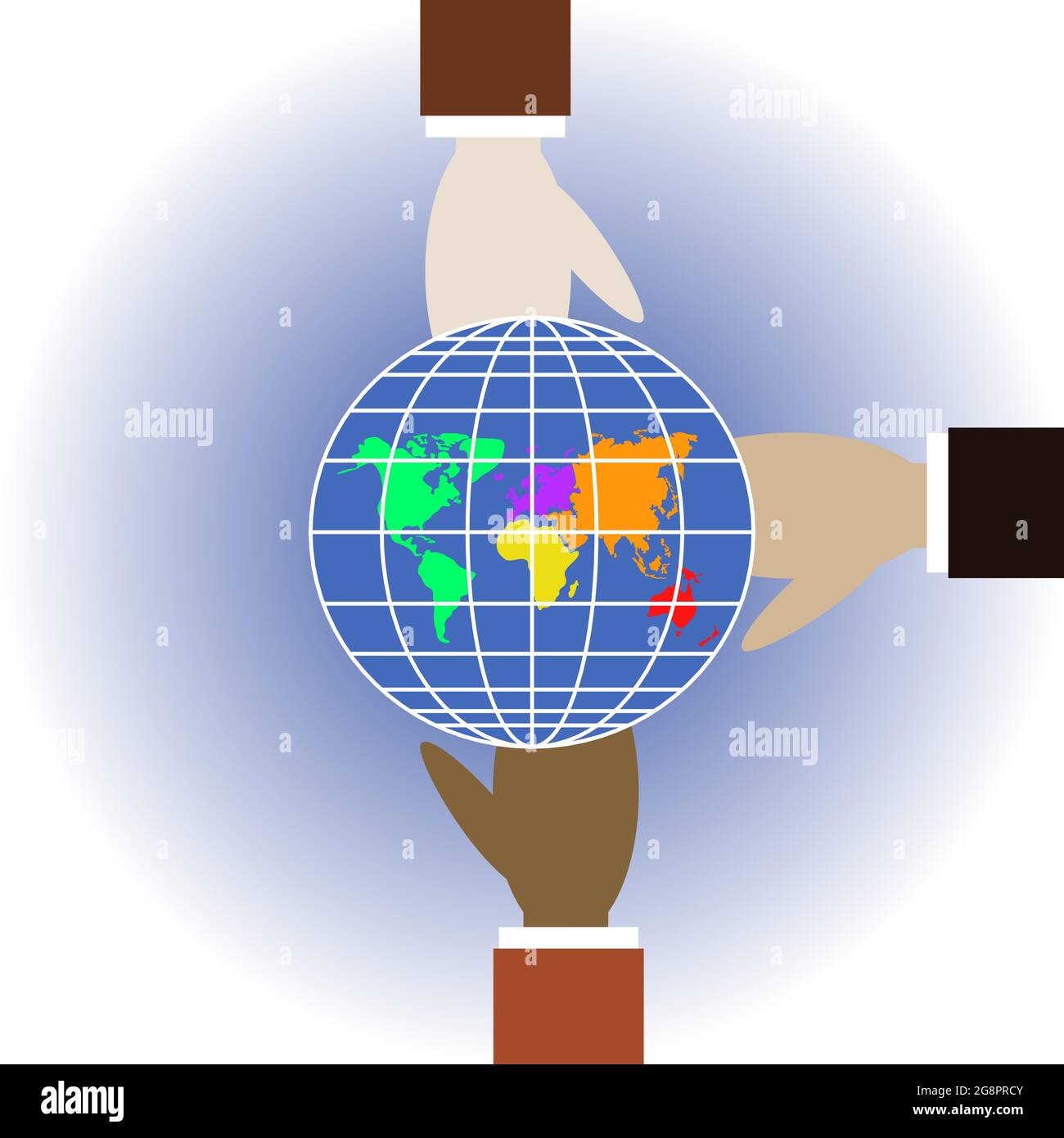 Different races people hold globe. Showing kindness and respect symbol ...