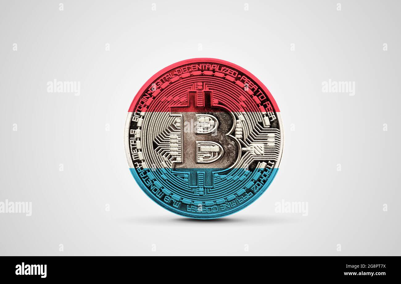 Luxembourg flag on a bitcoin cryptocurrency coin. 3D Rendering Stock ...