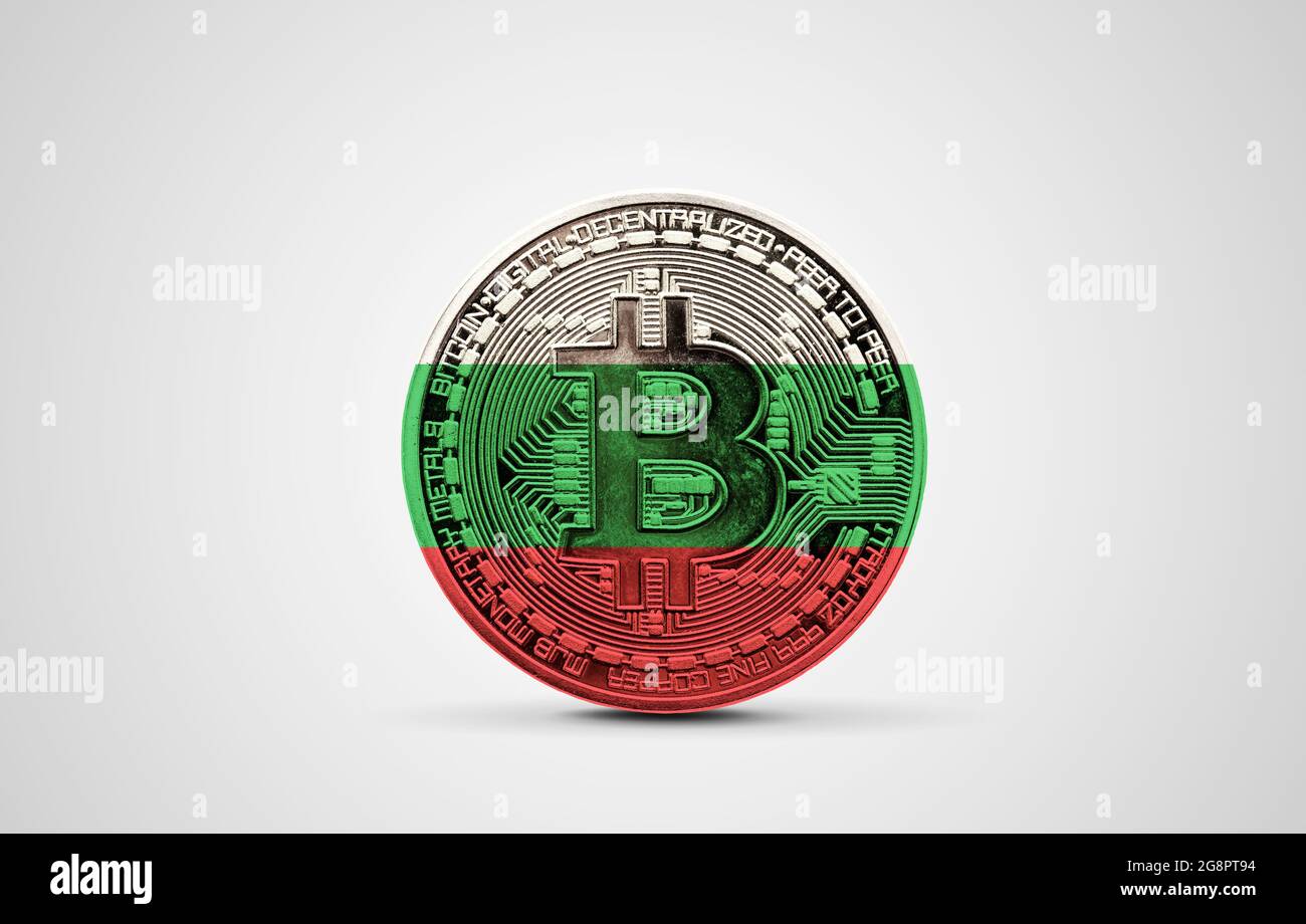 BUlgaria flag on a bitcoin cryptocurrency coin. 3D Rendering Stock ...