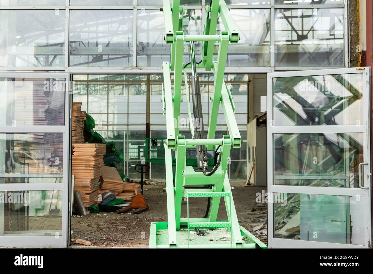 Scissor Lift Platform with hydraulic system at a construction site ...