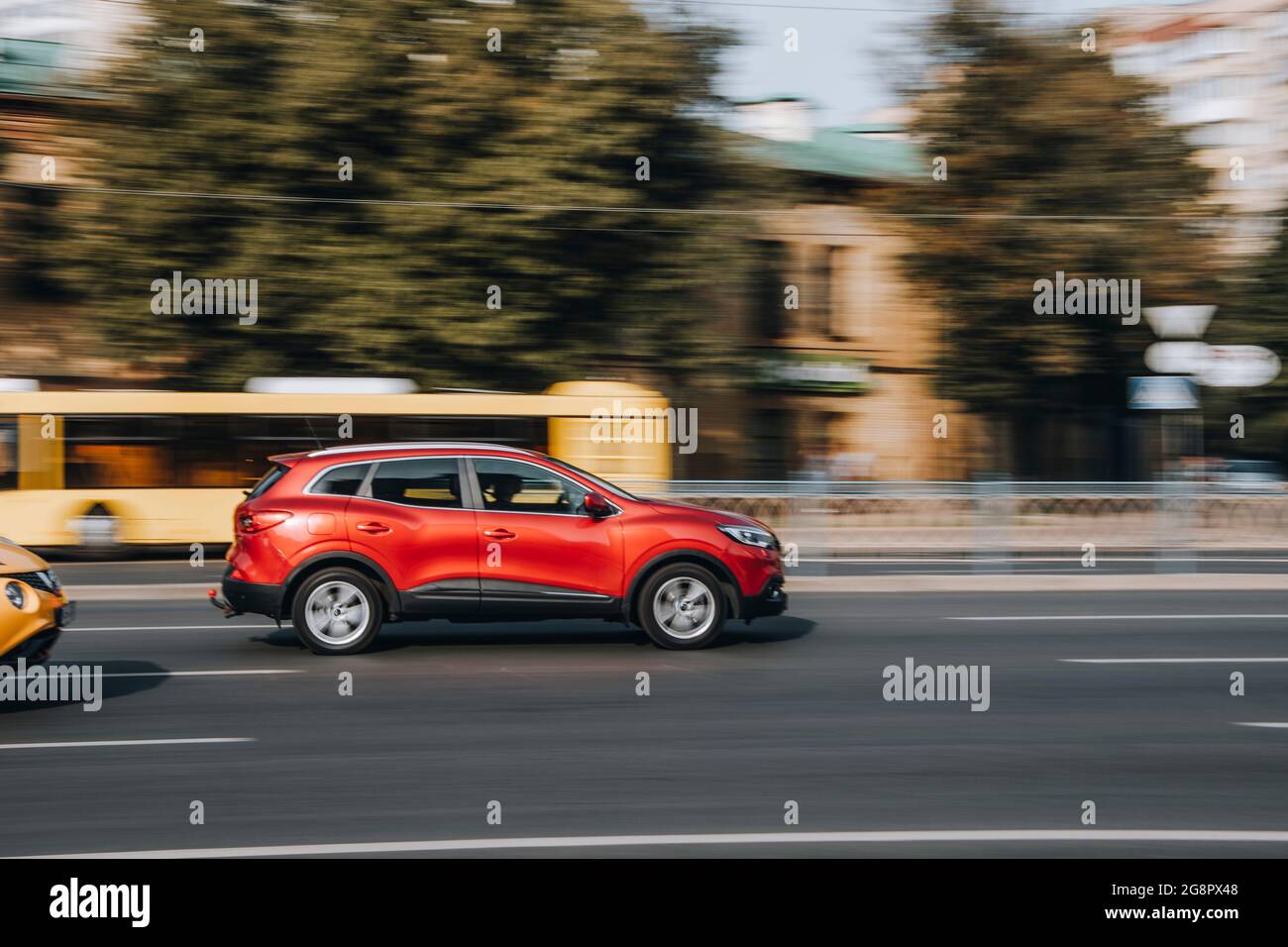 Ukraine, Kyiv - 16 July 2021: Red Renault Kadjar car moving on the ...