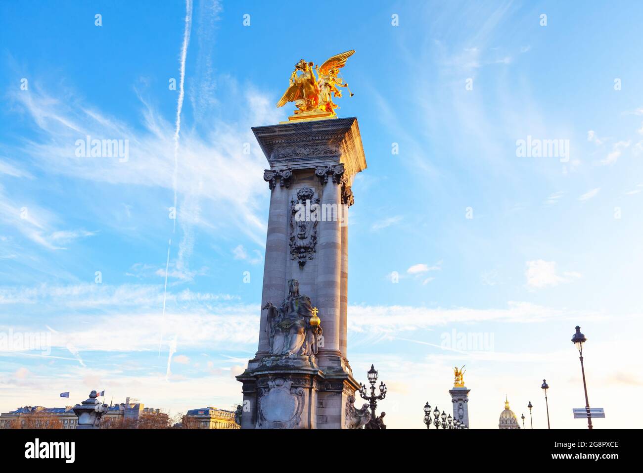 Column of Alexander Bridge in Paris . Golden Winged Horse Statue On ...