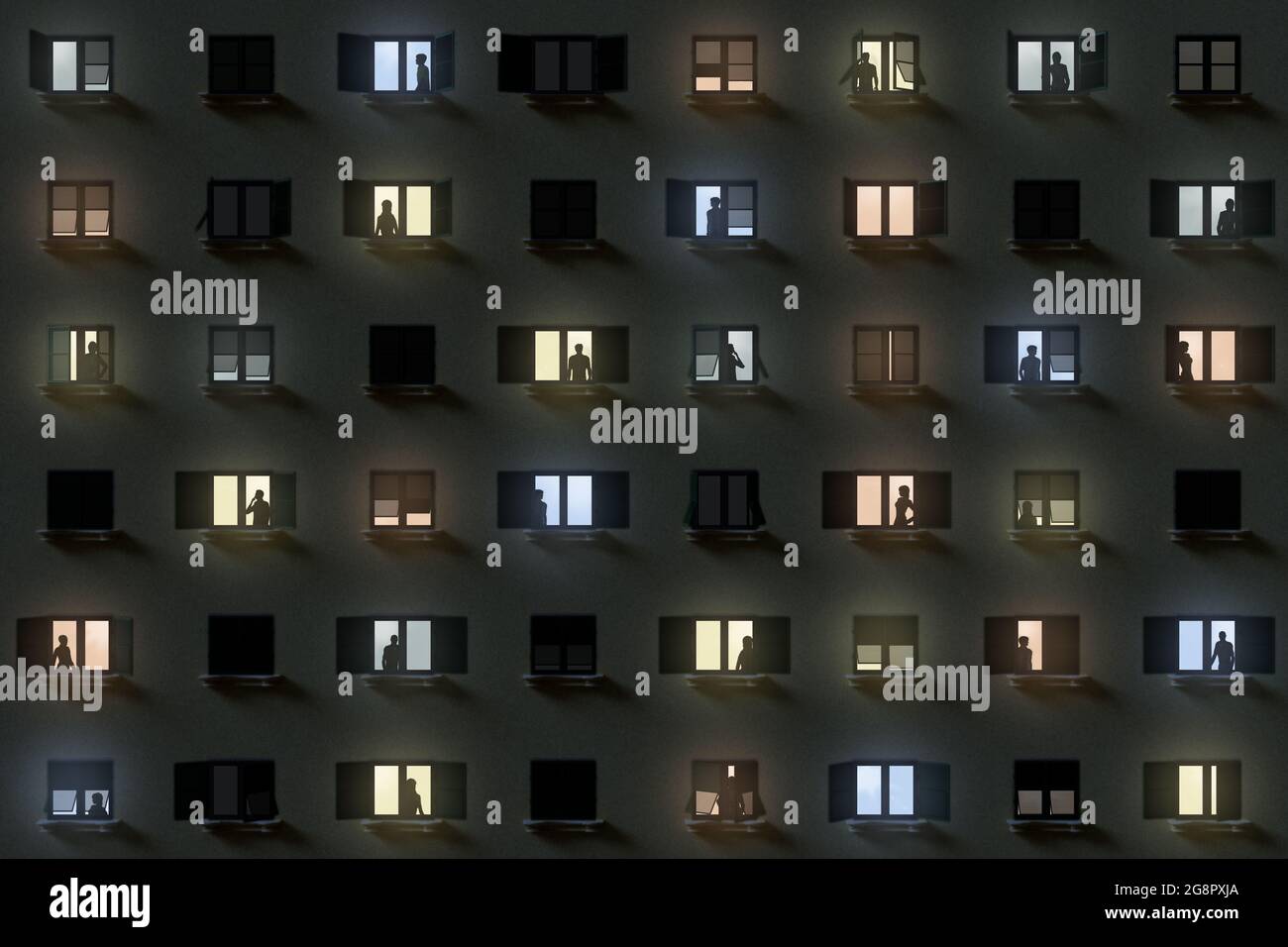 3D illustration. People at the lighted windows. House facade night ...