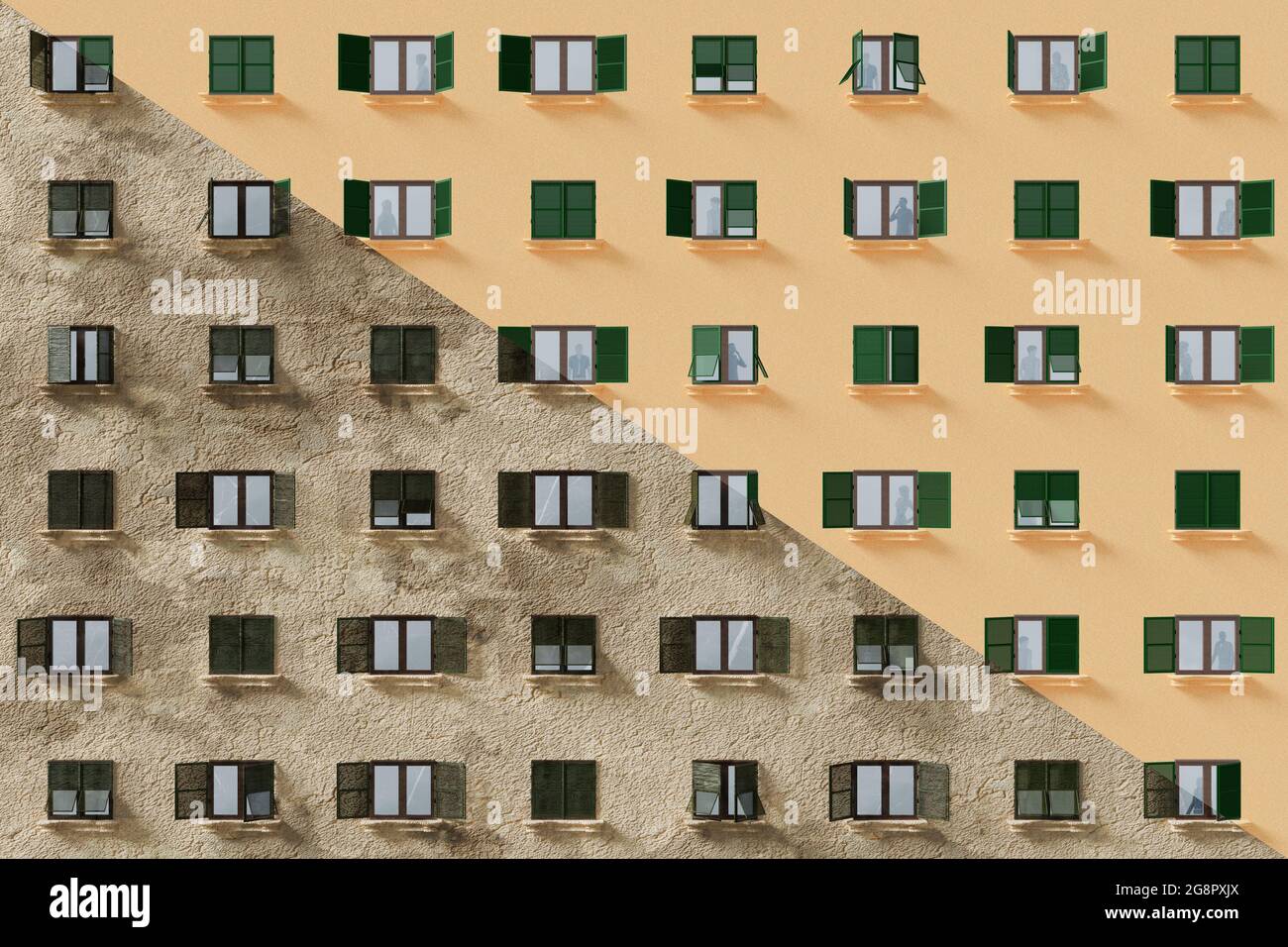 3d illustration. Building facade renovation before and after. On the ...