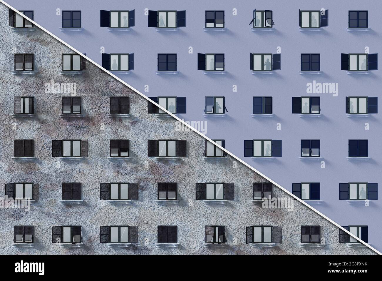 3d illustration. Building facade renovation before and after. On the ...