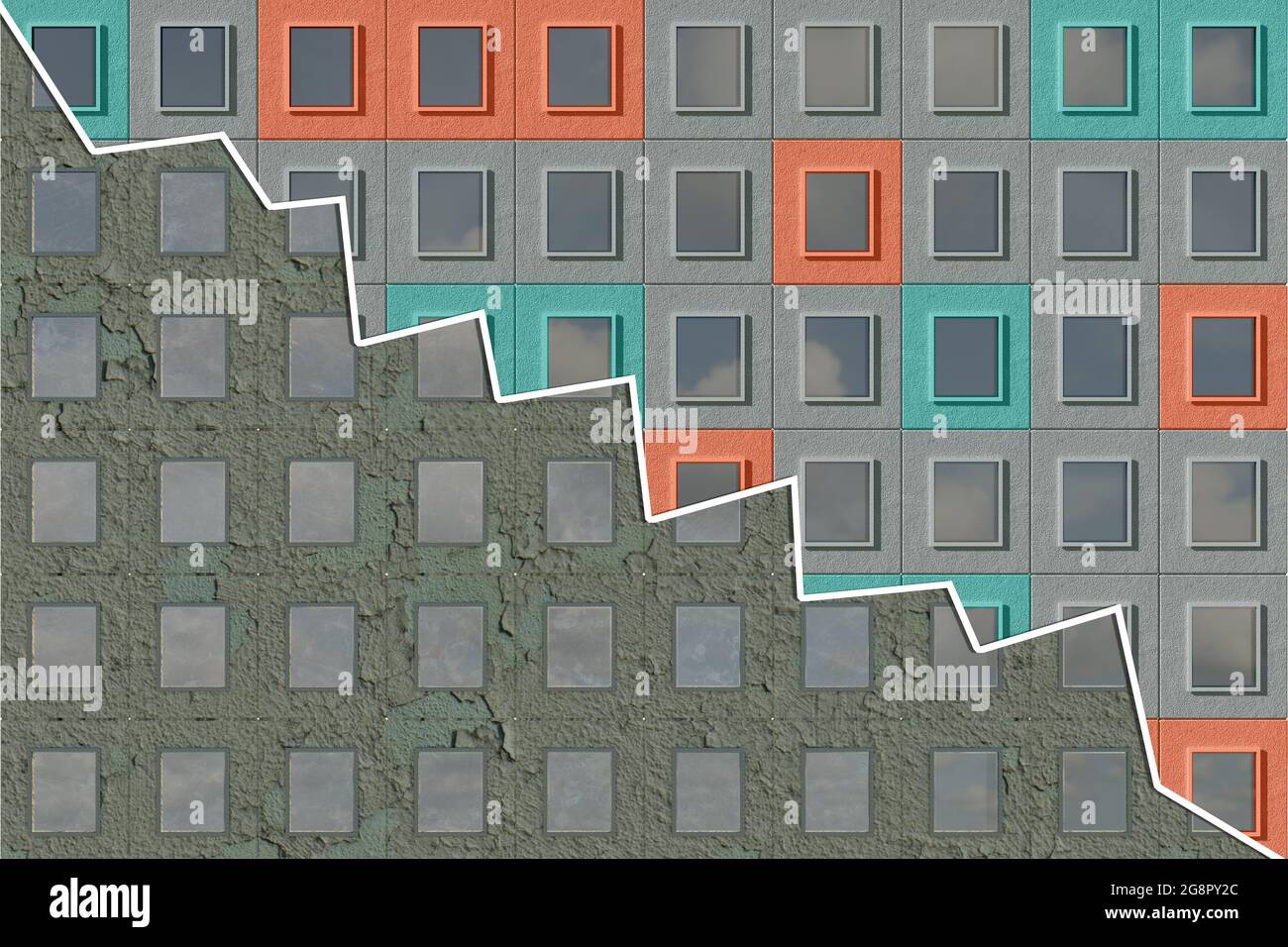 3d illustration. Building facade renovation before and after. On the ...