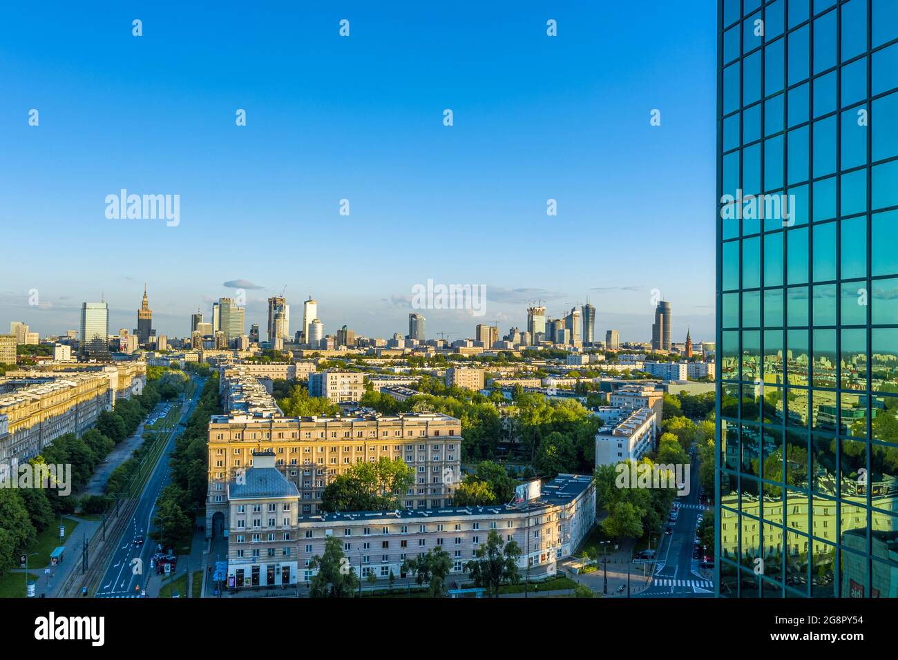Aerial view of Warsaw city center and green office buildings, Poland ...
