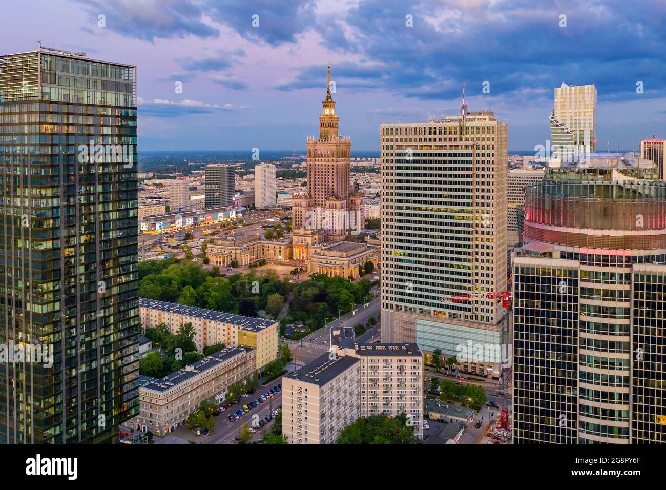Aerial view of PKiN (Palace of Culture and Science) in Warsaw city ...