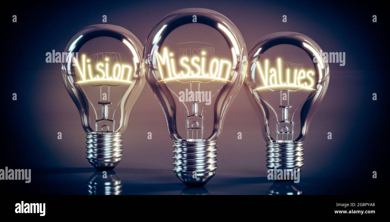 Vision, mission, values - shining light bulbs - 3D illustration Stock ...
