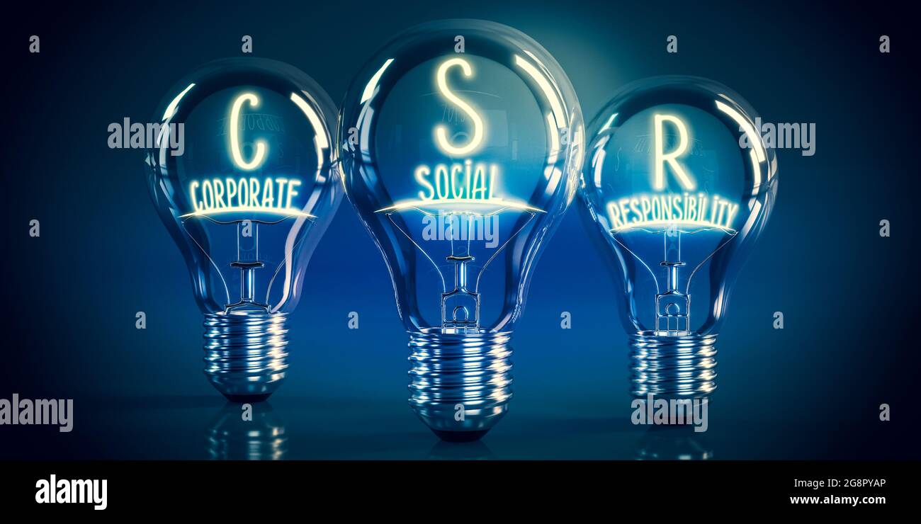 CSR, corporate social responsibility concept - shining light bulbs - 3D ...