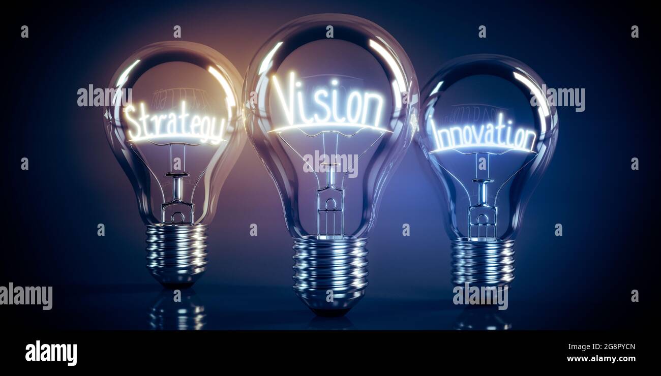 Vision, strategy, innovation concept - shining light bulbs - 3D ...