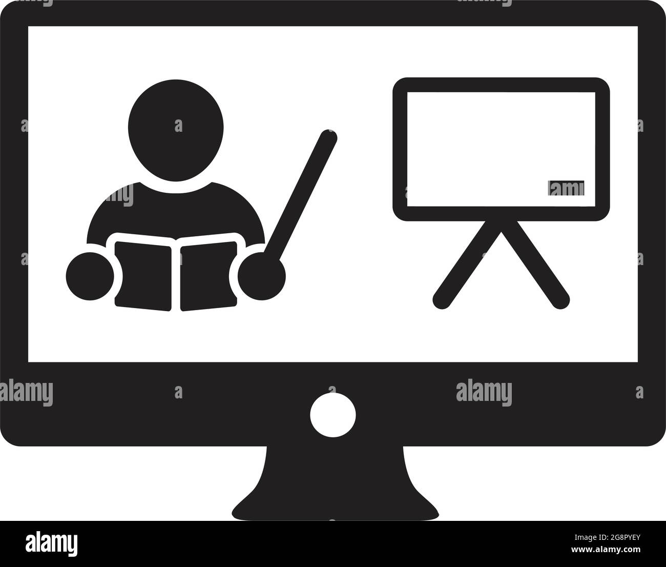 Online learning icon vector teacher symbol with computer monitor and whiteboard for online ...