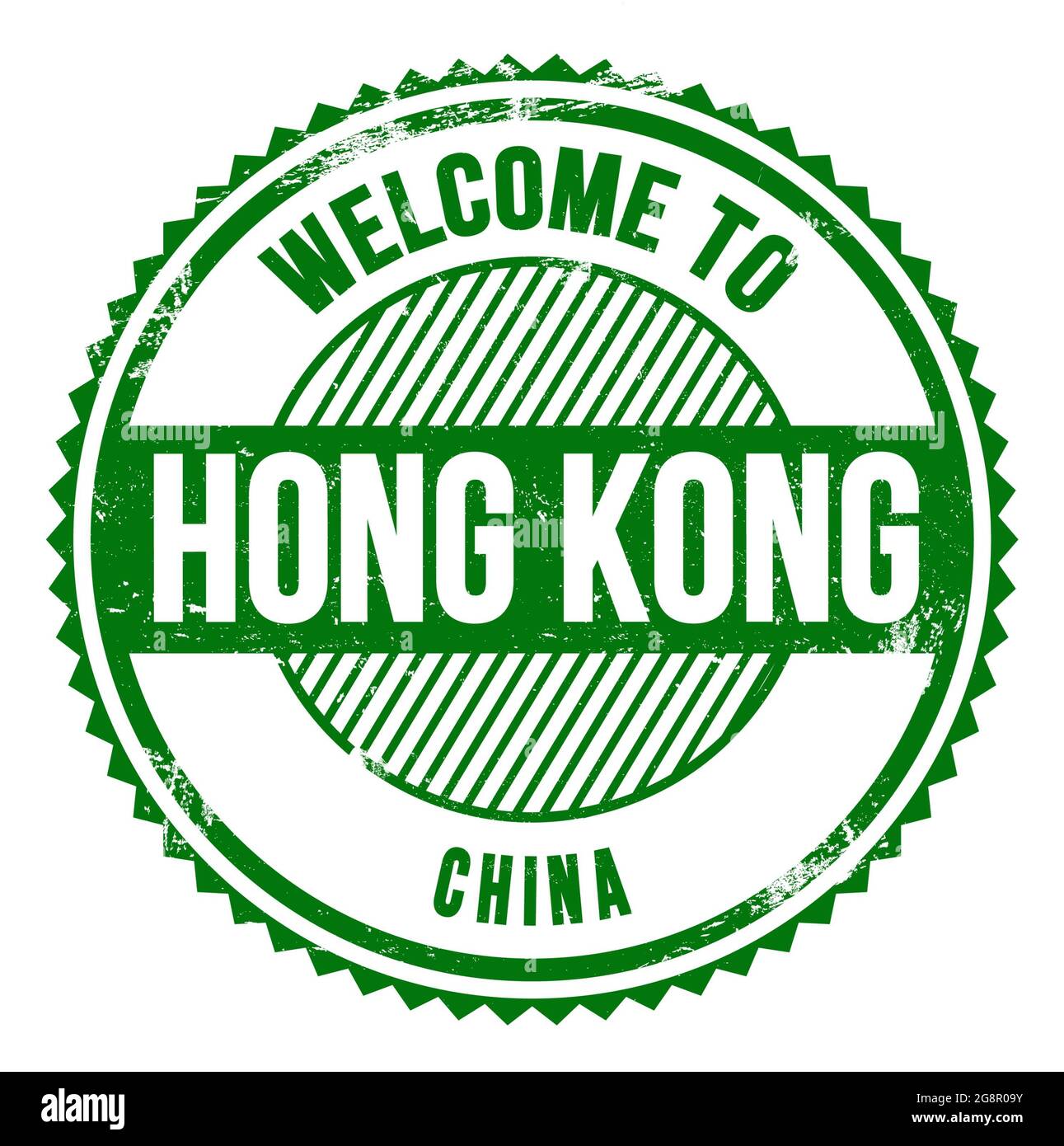 WELCOME TO HONG KONG - CHINA, words written on green zig zag stamp ...
