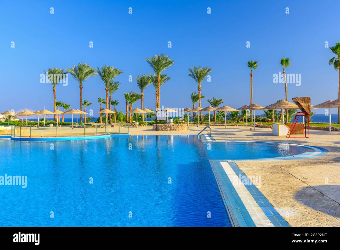 The view at beautiful swimming pool at the luxury hotel and palm trees ...