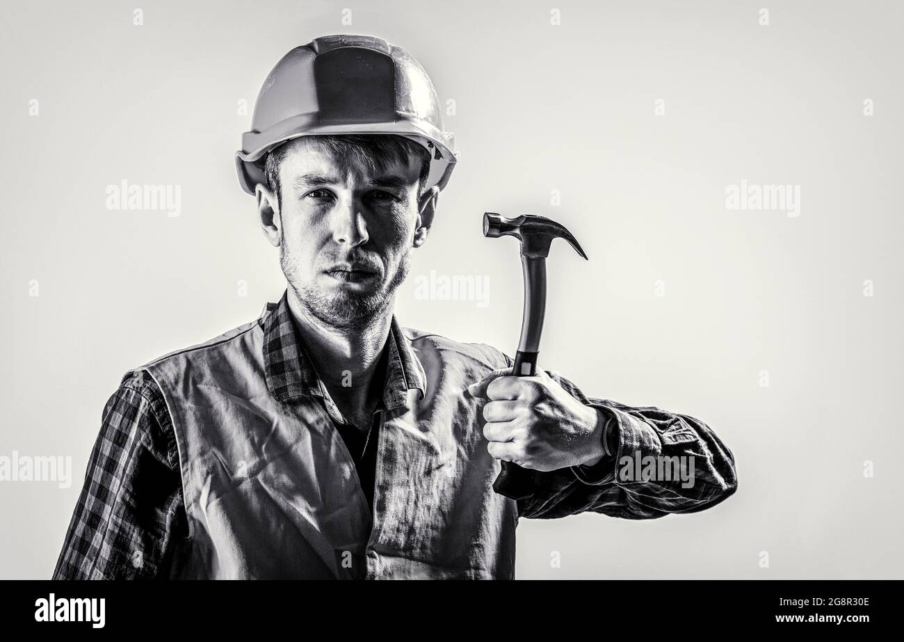 Hammer hammering. Builder in helmet, hammer, handyman, builders in ...