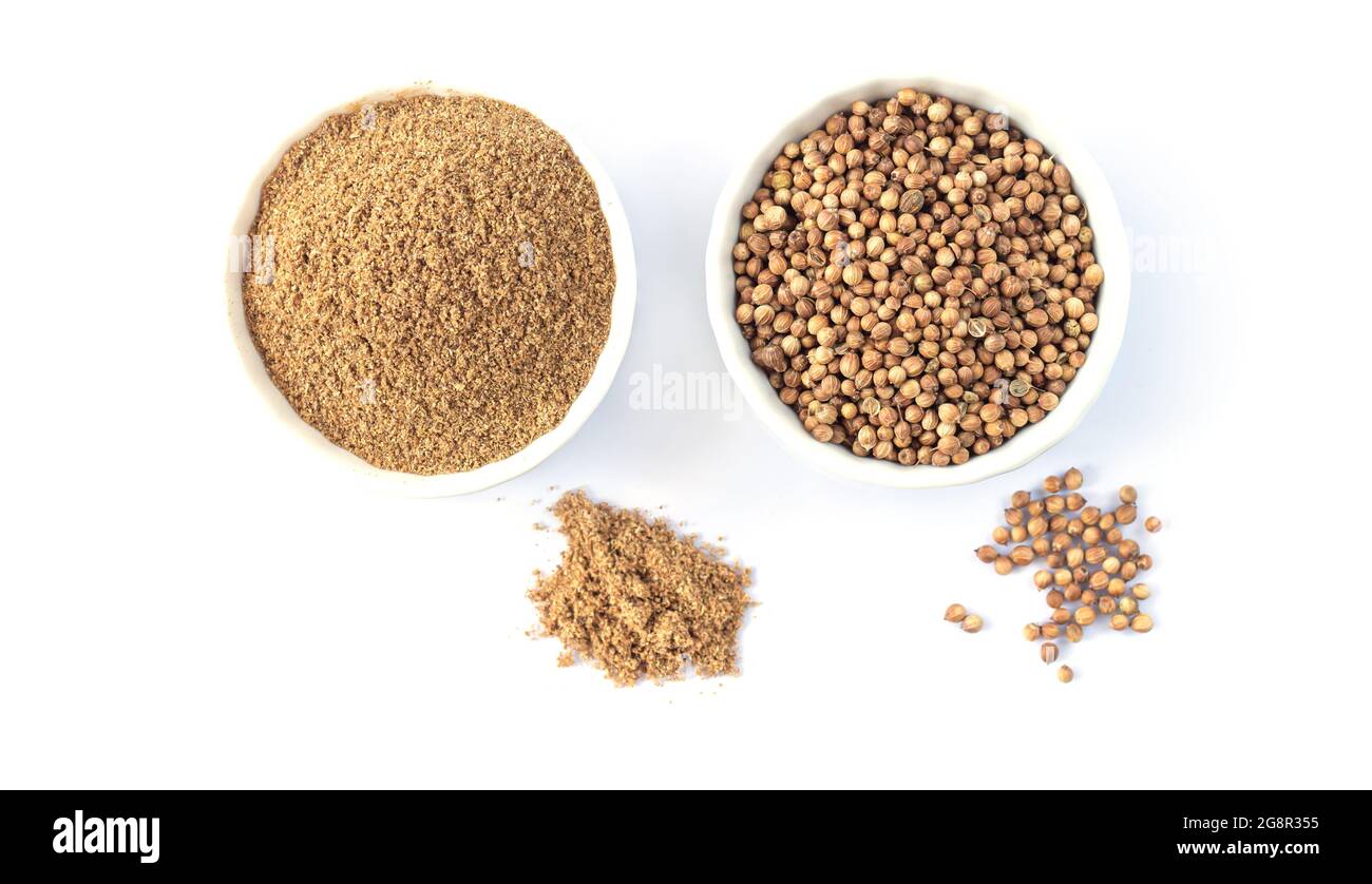 Two bowls of coriander seeds and coriander powder top view isolated on ...