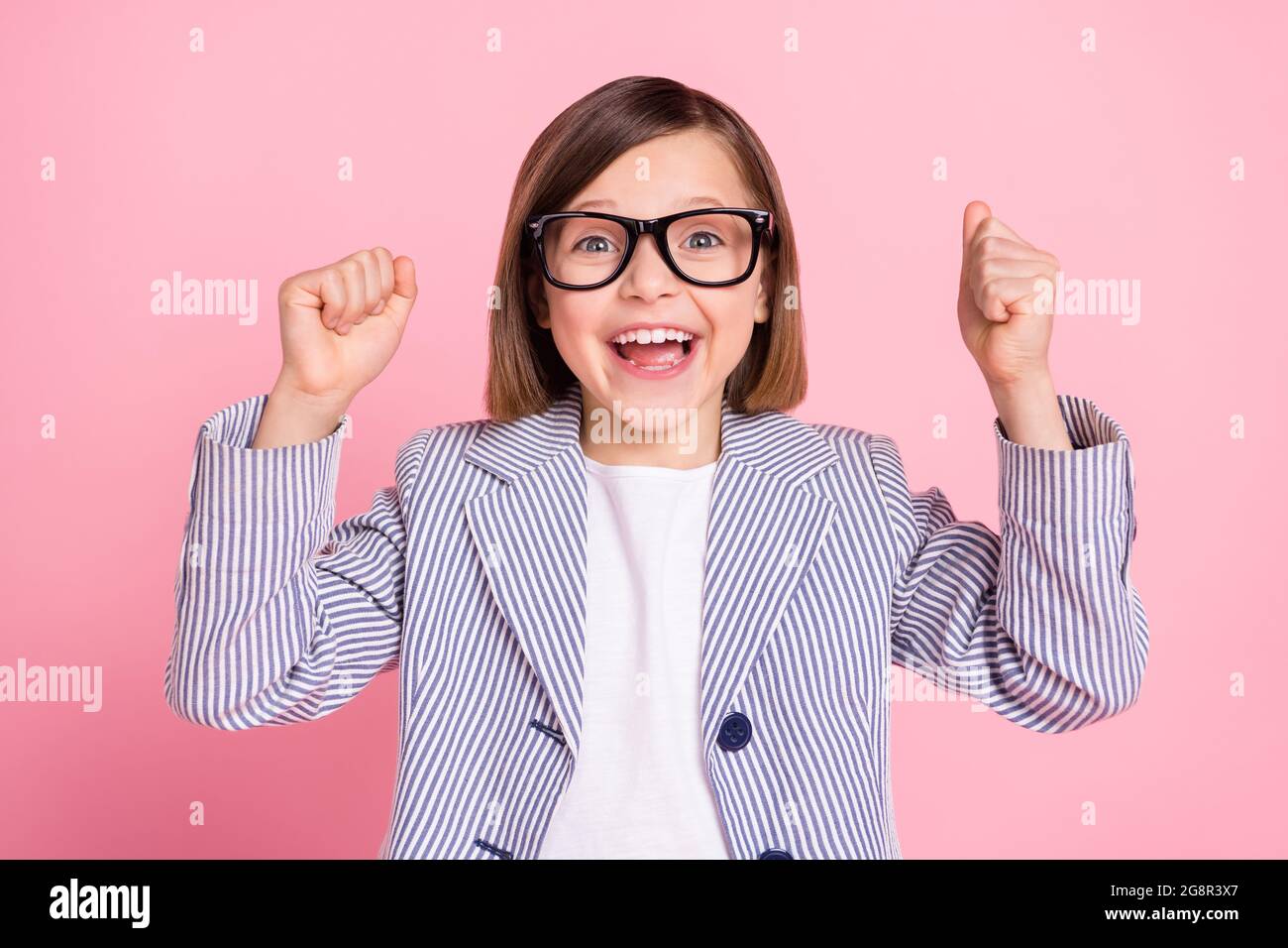 Portrait of attractive cheerful lucky intellectual girl learner nerd ...