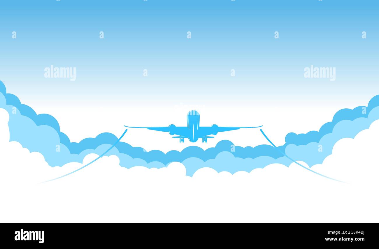 Airliner flies through blue sky with clouds and leaves behind white ...