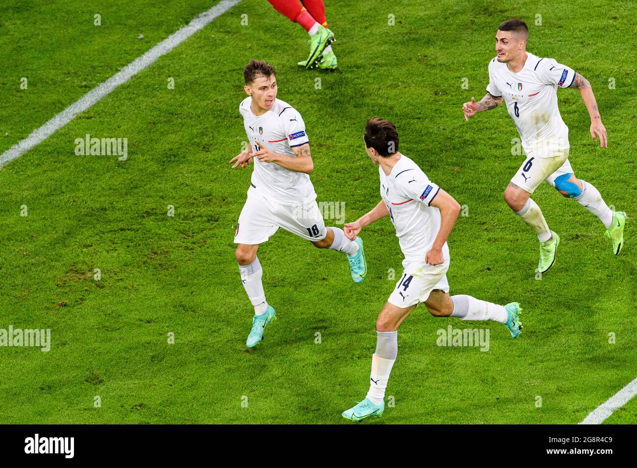 Munich, Germany - 02 July: Nicol˜ Barella of Italy (L) celebrating his ...