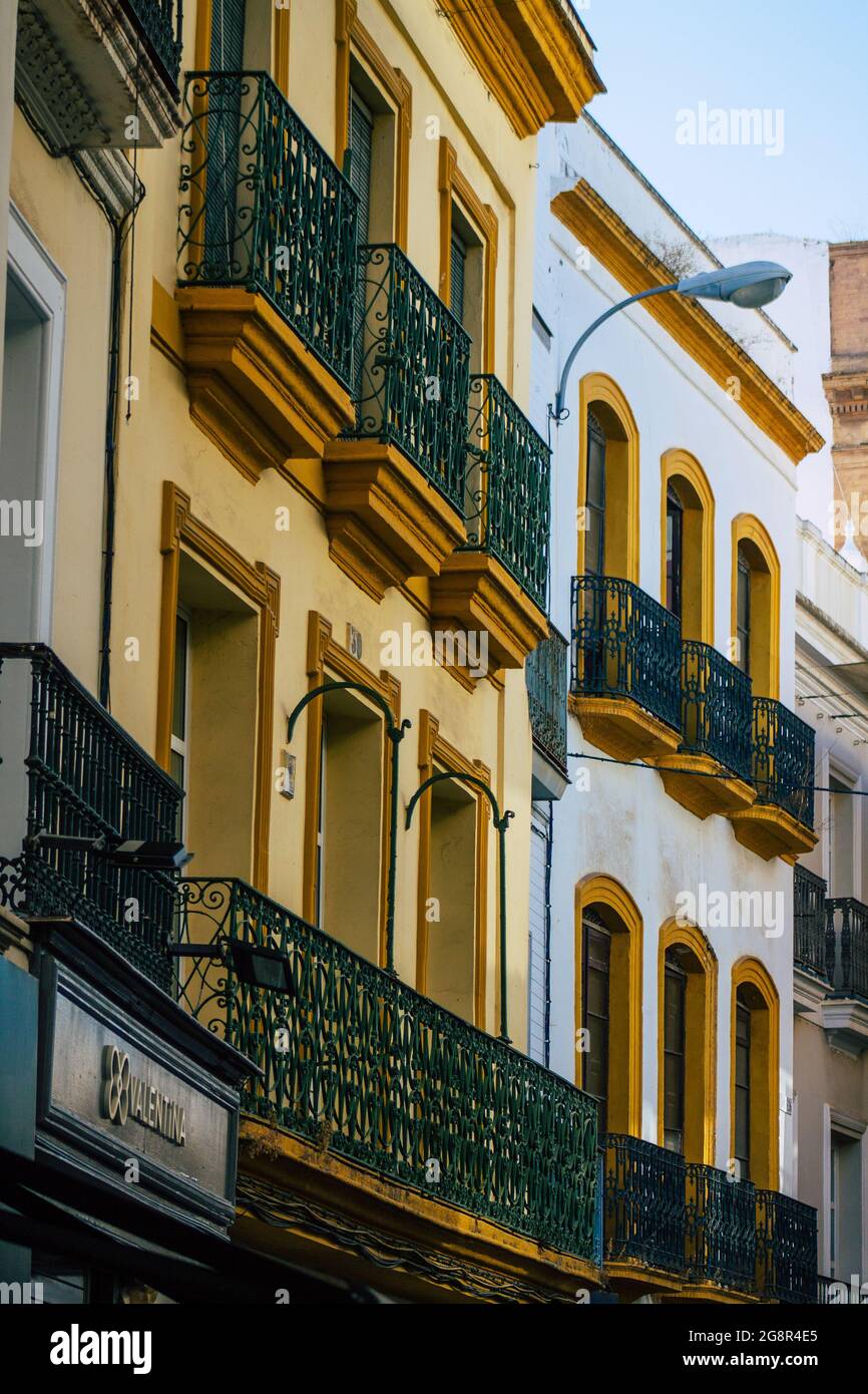Seville Spain July 21, 2021 Facade of a building in the streets of ...