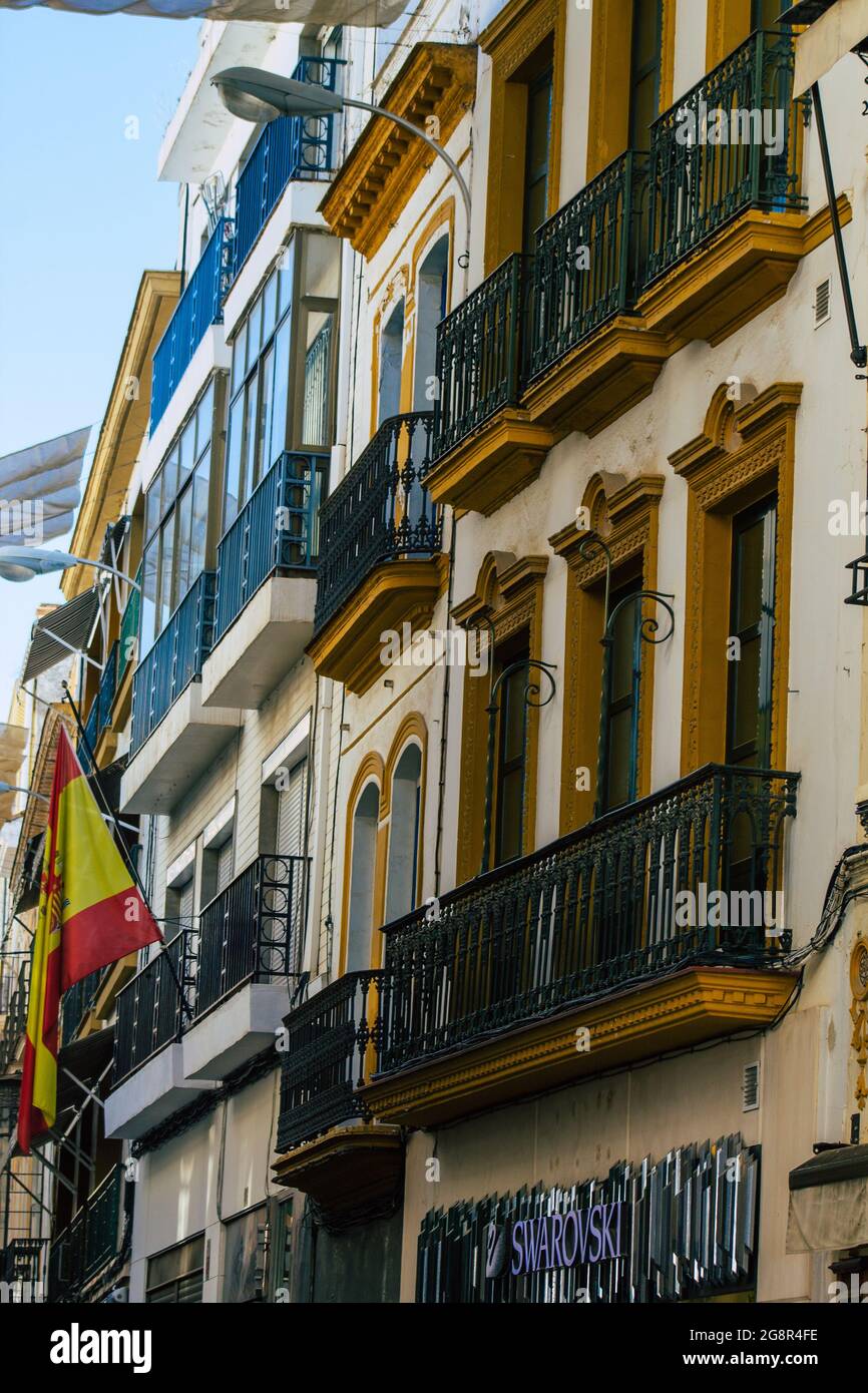 Seville Spain July 21, 2021 Facade of a building in the streets of ...