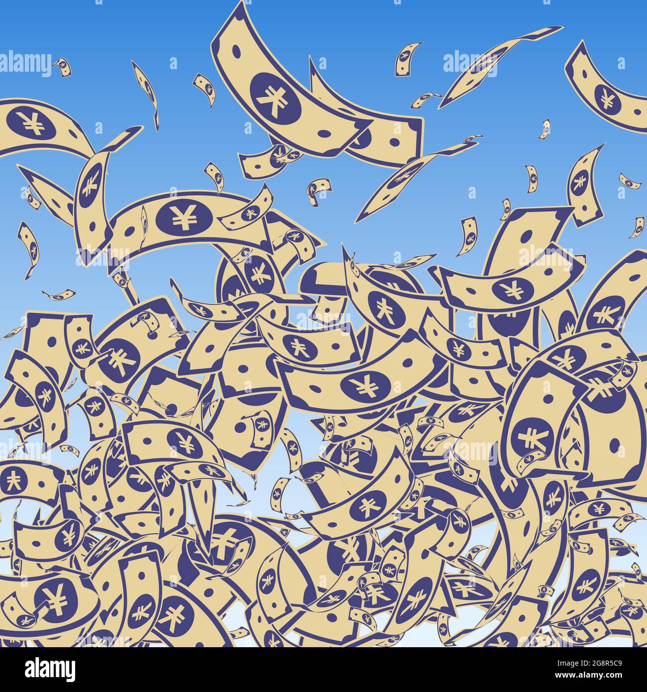 Chinese yuan notes falling. Messy CNY bills on blue sky background ...