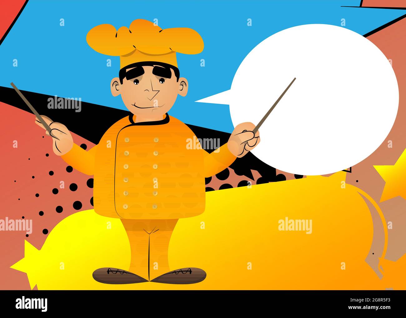 Fat male cartoon chef in uniform as an orchestra conductor. Vector ...