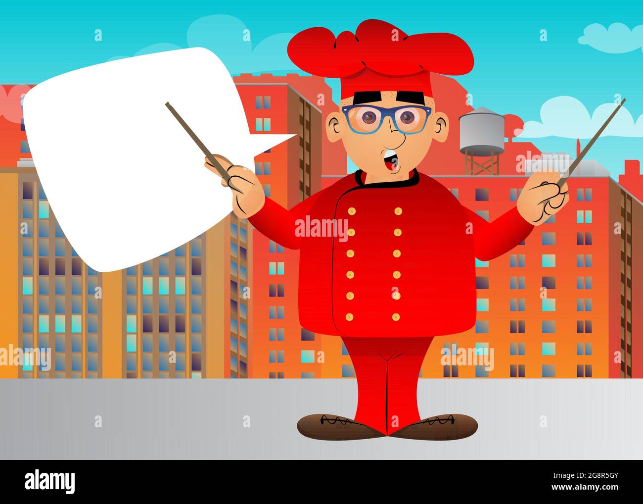 Fat male cartoon chef in uniform as an orchestra conductor. Vector ...