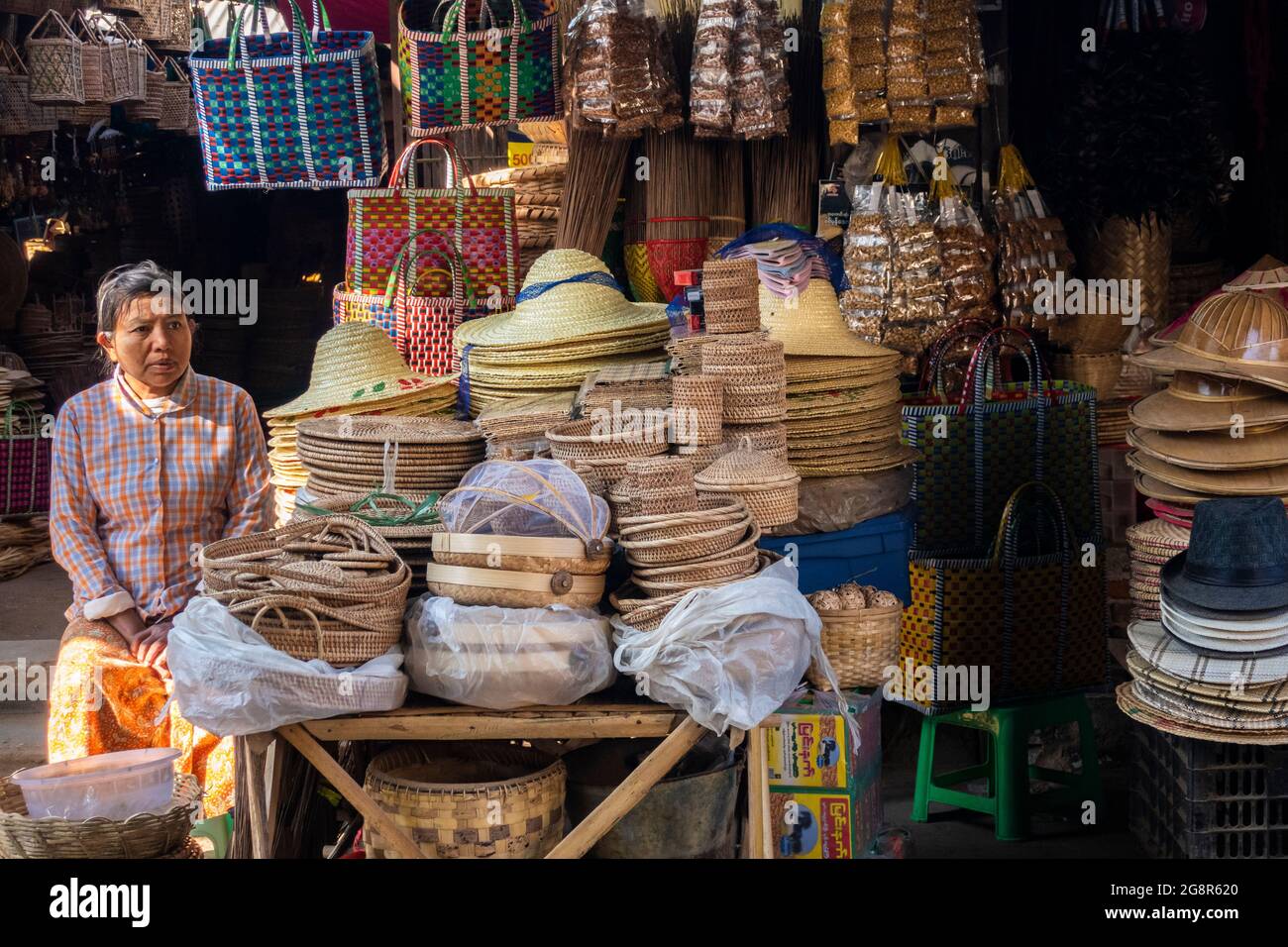 Hat and bag stall in outdoor market in Yangon, Myanmar Stock Photo - Alamy