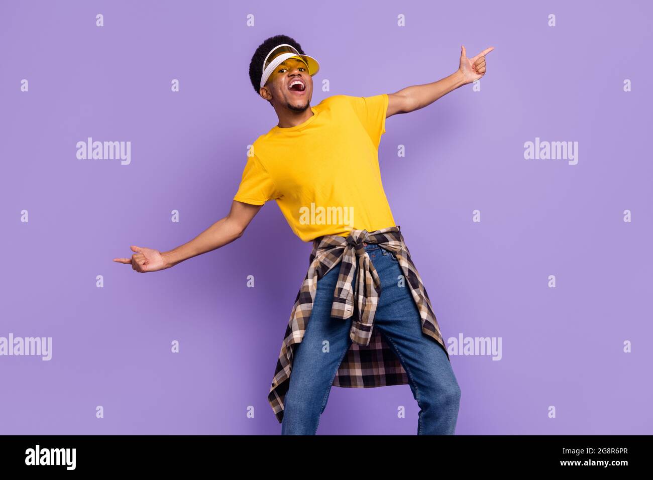 Portrait of attractive cool cheerful guy wearing sun hat clubbing ...