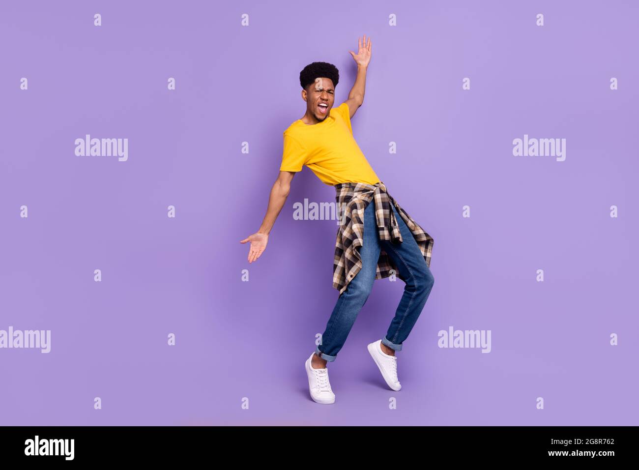 Full length body size view of attractive cheery funky guy dancing ...