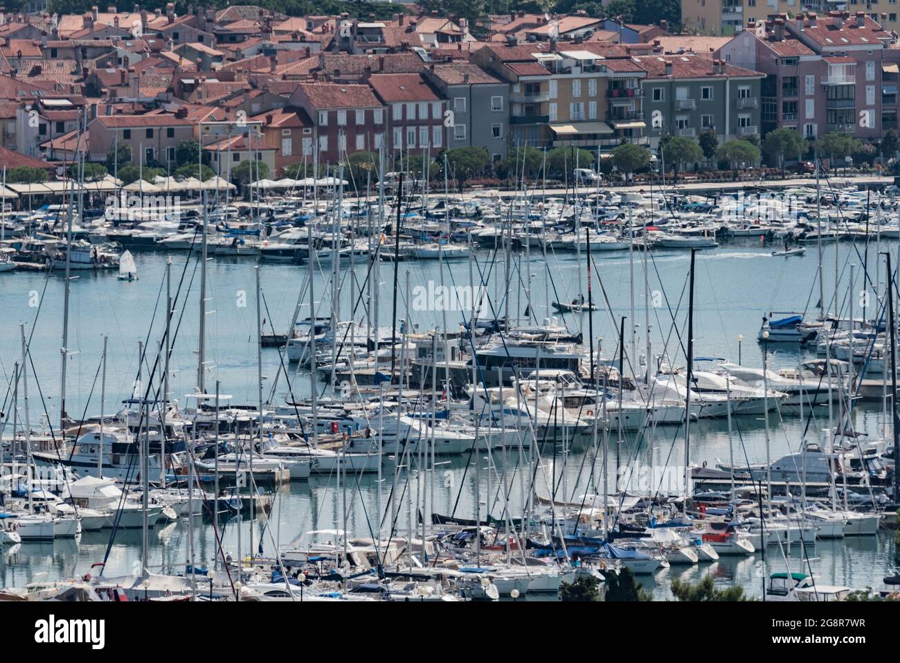 KOPER, SLOVENIA - JULY 12, 2021: Yacht harbor, view from the hill. A ...