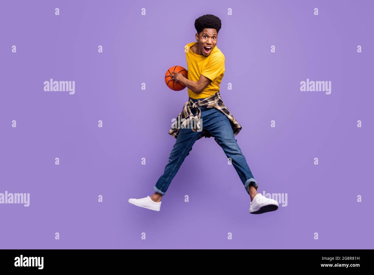 Full length body size view of attractive cheery lucky guy jumping ...