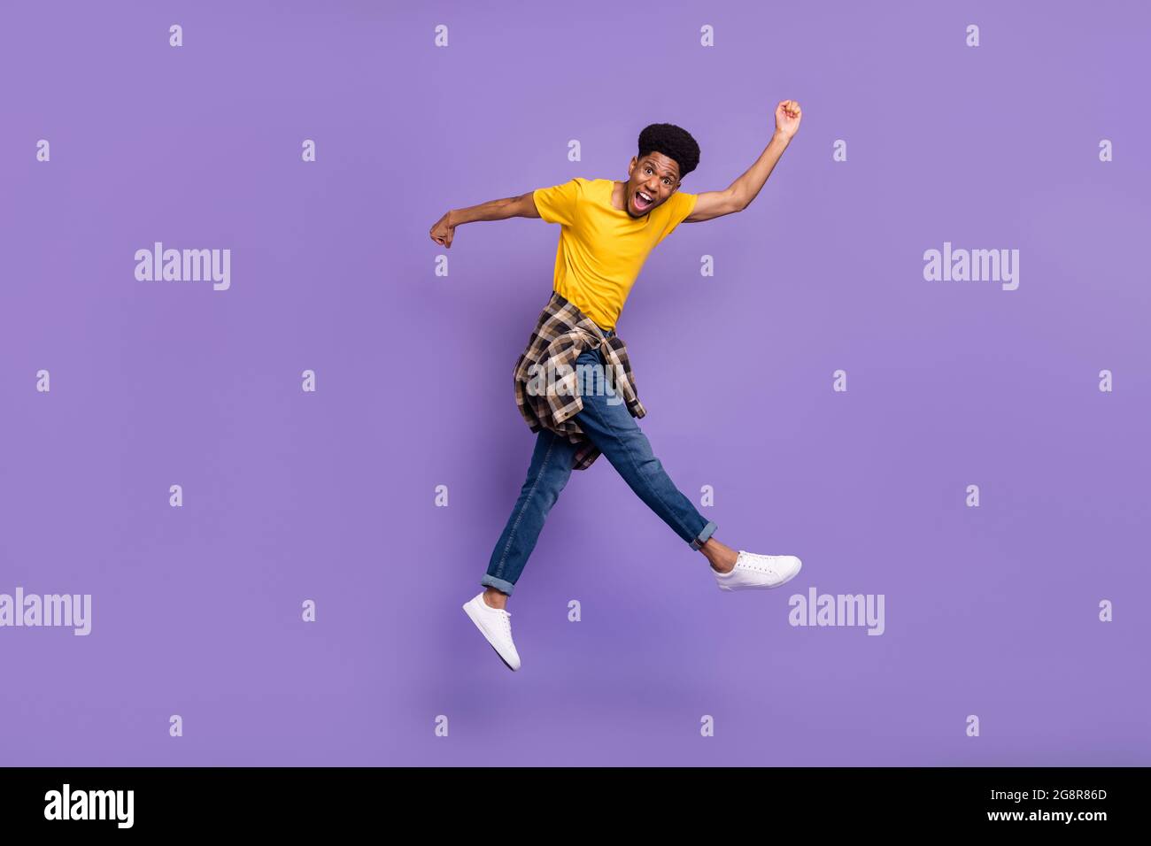 Full length body size view of attractive cheery funky guy jumping ...