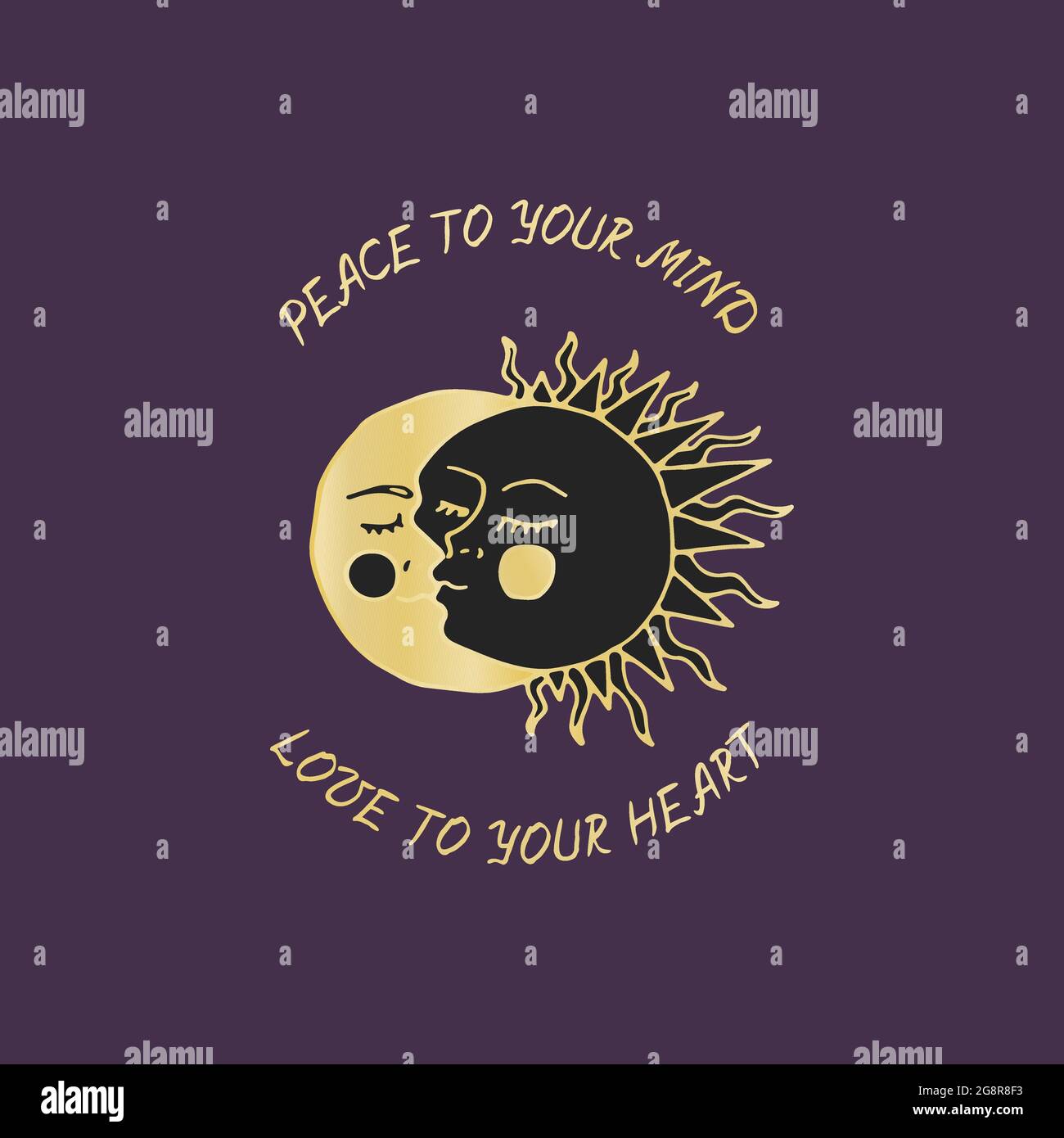 Vintage Mystic Kissing Sun and Moon Illustration with Lettering Stock ...
